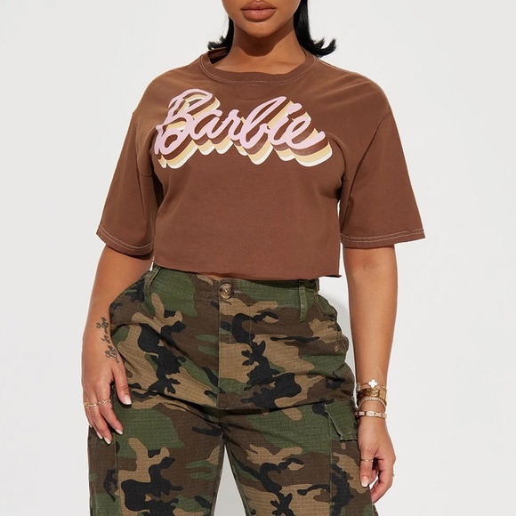 Tops | Barbie Logo Graphic Crop Top Mocha | Poshmark